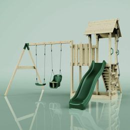 Rebo Spielturm mit Wellenrutsche und 2x Kinder-Schaukel Outdoor Klettergerüst Garten mit Plattform Kletterseil und Kletterleiter, Ausführung: