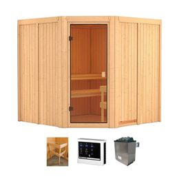 Welltime Sauna Merkur, BxTxH: 196 x 196 x 198 cm, 68 mm, (Set) 9 kW-Ofen mit ext. Steuerung, beige