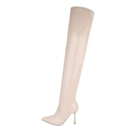 Ital-Design Damen Abendschuhe Party & Clubwear Overkneestiefel Pfennig-/Stilettoabsatz High-Heel Stiefel in Beige