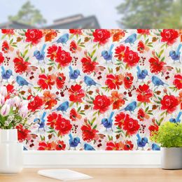 Fensterfolie Aquarellierte Vögel in Blau mit Rosen