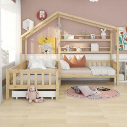 Kinderbett mit Schubladen und Ablage, Lattenrost, L-Form, Naturfarbe (90x200 cm+140x70 cm)