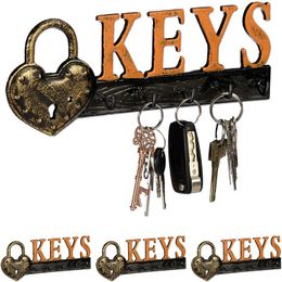 Relaxdays - 4 x Schlüsselbrett, 5 Haken, Vorhängeschloss & Keys-Schriftzug, Gusseisen, Vintage, hbt: 10 x 26 x 3 cm, orange/schwarz