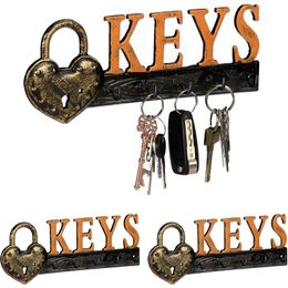 Relaxdays - 3 x Schlüsselbrett, 5 Haken, Vorhängeschloss & Keys-Schriftzug, Gusseisen, Vintage, hbt: 10 x 26 x 3 cm, orange/schwarz