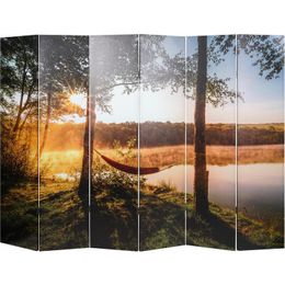 Foto-Paravent mit Schallschutz HHG 288, akustischer Raumteiler Trennwand Sichtschutz, mvg 180x245cm Waldsee - multicolour