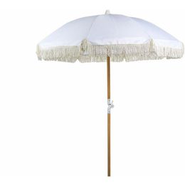 Beliani Sonnenschirm Weiß Stoff-Bespannung Rund ⌀ 150 cm mit Volant Regenschutz Holzmast Neigungsfunktion Kurbel Boho Garten Outdoor Balkon Terrasse - Weiß