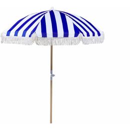 Beliani Sonnenschirm Blau Stoff-Bespannung Rund ⌀ 150 cm mit Volant Regenschutz Holzmast Neigungsfunktion Kurbel Boho Garten Outdoor Balkon Terrasse - Weiß