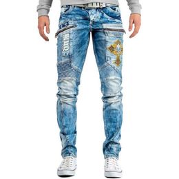 Cipo & Baxx Cipo & Baxx Bikerjeans Herren Hose BA-CD293 W38/L32 (1-tlg) mit Kreuz Aufnäher und Rippenmuster