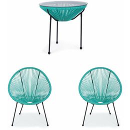 Moderne Lounge Set Parker mit Sesseln und Couchtisch aus synthetischem Seil für Garten und Veranda -Couchtisch + 2 Sessel / Hellblau