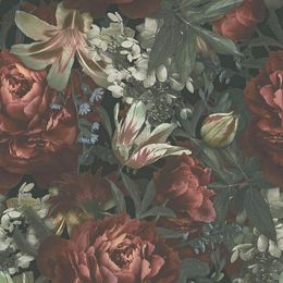 Profhome - Blumen Tapete 385091 heißgeprägte Vliestapete glatt mit floralen Ornamenten matt rot grün schwarz beige 5,33 m2 - rot