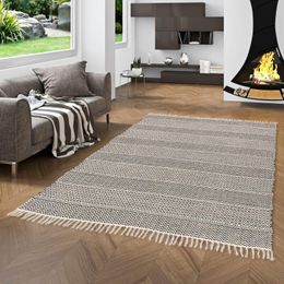 Pergamon Baumwolle Natur Kelim Teppich Sandy Anthrazit Stripes - 120x180 cm