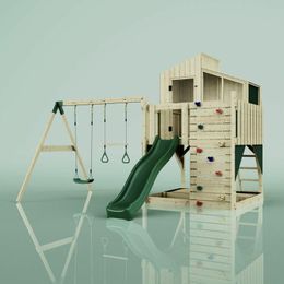 Rebo Spielturm mit Spielhaus mit Wellenrutsche Outdoor Klettergerüst Garten Kletterwand und Kletterleiter, Ausführung: Trapezstange, Farbe: