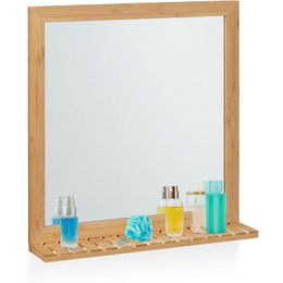Wandspiegel mit Ablage, Bambus Rahmen, hbt 61,5x60x12 cm, Hängespiegel Badezimmer, Garderobe & Gäste-WC, natur - Relaxdays