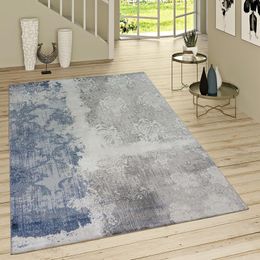 Kurzflor Teppich Denim Look Mit Rokoko Muster Jeansblau Modern Meliert Grau 160x230 cm - Paco Home