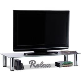 TV-Tisch Glas, verchromte Metallbeine, Bildschirmerhöhung, rechteckig, Glasaufsatz, 100x35x17 cm, weiß/silber - Relaxdays