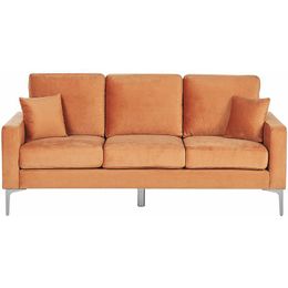 Beliani Sofa Orange Samtstoff 3-Sitzer dicke Polsterung mit 2 Dekokissen Metallfüßen freistehend für Wohnzimmer Salon Flur Diele - Silber