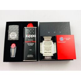 Zippo Feuerzeug FC Bayern München Premium 540° Grey Sturmfeuerzeug Geschenkset (inkl. praktischer Geschenkverpackung 1 x Original Zippo Benzin 1 x Original Zippo 6er Feuersteine)