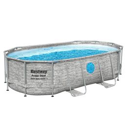 Bestway® Power Steel™ Swim Vista Series™ Frame Pool Komplett-Set mit Filterpumpe 427 x 250 x 100 cm, Steinwand-Optik (Cremegrau), oval