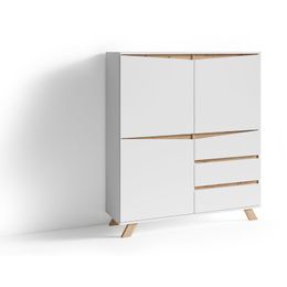 ByLiving Highboard valentin / Sideboard matt weiß mit Absetzung in Eiche-Optik / Wohnzimmer-Schrank mit 3 Türen und 3 Schubkästen / Im Scandi-Style / Grifflos