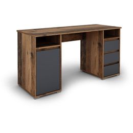 ByLiving - Schreibtisch lobo / Arbeits-Tisch in Altholz-Look / Computer-Tisch mit 3 Schubladen, 1 Tür und 2 offenen Fächern / Große Arbeits-Fläche