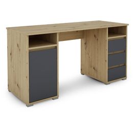 ByLiving - Schreibtisch lobo / Arbeits-Tisch in Eiche-farben / Computer-Tisch mit 3 Schubladen, 1 Tür und 2 offenen Fächern / Große Arbeits-Fläche