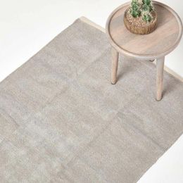Hellgrauer Chenille-Teppich mit naturfarbenem Rand aus 100% Baumwolle, 60 x 100 cm - Hellgrau - Homescapes