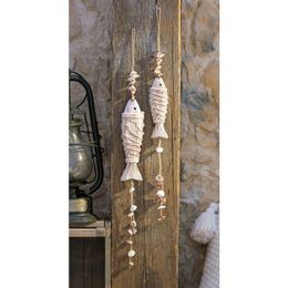 Dekoleidenschaft - 2x Dekohänger Fisch aus Holz, maritime Holzdeko mit Muscheln, 52 + 70 cm hoch