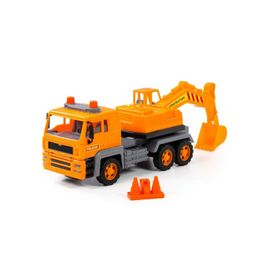 Polesie Spielzeug LKW Bagger 88963 Pylonen, Schwungantrieb, bewegliche Schaufel orange