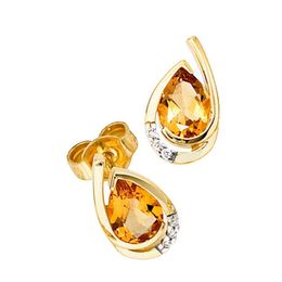 Jobo Paar Ohrstecker Tropfen-Ohrringe, 585 Gold mit 6 Diamanten und Citrin, gelb|goldfarben