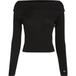 Tommy Jeans Strickpullover, Carmen-Ausschnitt, Logo-Patch, für Damen, schwarz, XS
