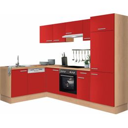 Optifit Winkelküche Odense, mit E-Geräten, Stellbreite 275 x 175 cm, mit 28 mm Arbeitsplatte, rot