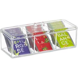 Teebox, Teeaufbewahrungsbox mit 3 Fächern, hbt 9 x 23 x 9,5 cm, Kunststoff, Vorratsbox mit Deckel, transparent - Relaxdays