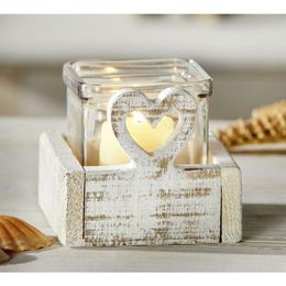 Windlicht Weißes Herz aus recyceltem Holz & Glas, Kerzenhalter eckig, Teelichthalter, Tischdeko, Windlichtglas