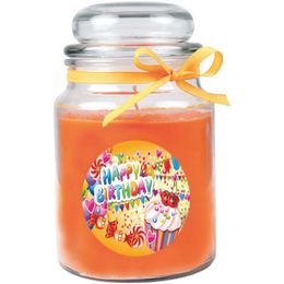 Geburtstagskerze mit Duft im Bonbonglas Happy Birthday, Duft: Honigmelone ( Orange ), 500g - Brennd. bis zu 110h, Kerze aus Glas mit Duft - Orange