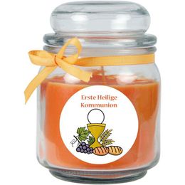 Duftkerze im Bonbonglas zur Kommunion, Duft: Honigmelone ( Orange ), 300g - Brenndauer bis zu 70 Stunden, Kerze aus Glas mit Duft - Orange