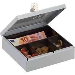 Geldkassette abschließbar, Kasse mit Münzfach, Geldbox mit 2 Schlüsseln, Geldzählkassette, BxT: 17 x 17 cm, grau - Relaxdays