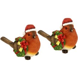I.GE.A. Weihnachtsfigur Weihnachtsvogel mit Kranz und Mütze, 2er Set, Höhe ca. 10 cm (Set, 2 St), Dekofigur aus Polyresin, Weihnachtsdeko, Tierfigur, braun