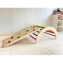 TinaForKids Klettergerüst 4in1 Massivholz Kletterbogen Bogenwippe mit Rutsch- und Kletterbrett