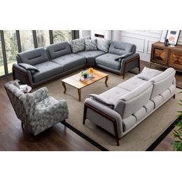 JVmoebel Wohnzimmer-Set Wohnzimmer Set Ecksofa L-Form Couch Grau Polster 3 +1 Sitzer Textil