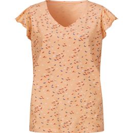 Damen V-Shirt mit Schmetterling-Muster apricot-papaya-bedruckt, Gr&ouml;&szlig;e 42