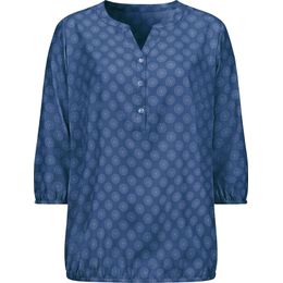 Damen Schlupfbluse mit elastischen B&uuml;ndchen am Saum jeansblau-ecru-bedruckt, Gr&ouml;&szlig;e 50