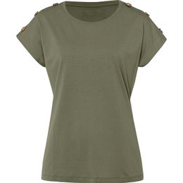 Damen Kurzarmshirt mit Kn&ouml;pfen in Horn-Optik khaki, Gr&ouml;&szlig;e 54