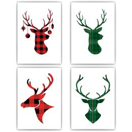 Tigerlino Poster Rentiere Kariert Weihnachtsbild Weihnachten Kunstdruck Weihnachtsdeko, DIN A4 (21x29,7 cm)