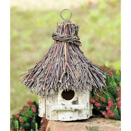 Vogelhaus Birke aus Holz, rund, Dach aus Reisig, Vogelhäuschen zum Aufhängen, Nistkasten, Balkon & Gartendeko für Draußen