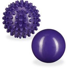 Relaxdays 2 x Massageball, glatt & mit Noppen, hart, wassergefüllt, Selbstmassage, Igelball, Faszienball, ø 6,5 & 7 cm, lila