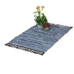 Flickenteppich, 60x100 cm, Baumwolle & Leder, handgewebt, mit Fransen, rutschfest, Fleckerlteppich, blau/grau - Relaxdays