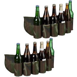 Relaxdays 2 x Biergürtel Sixpack, für je 6 Dosen & Flaschen, 0,2 - 0,5 l, Bierhalter Gürtel Camouflage, verstellbar, grün/braun
