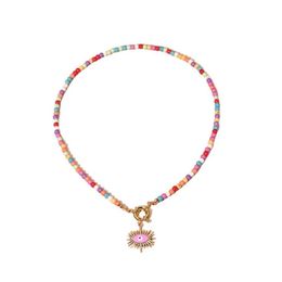 BUNGSA Goldkette Perlenkette Choker pastell/goldfarben + pinkes Evil Eye Messing Damen (1-tlg)