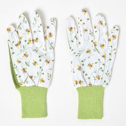 Grün-weiße Garten-Handschuhe mit floralem Bienendesign - Grün und Weiß - Homescapes