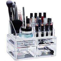 Make-Up Organizer mit 4 Schubladen, Make Up Kit für Lippenstift, Nagellack, Kosmetikregal Acryl, transparent - Relaxdays