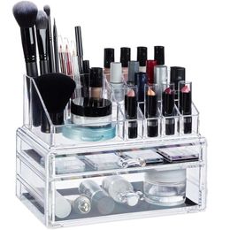 Make-Up Organizer mit 2 Schubladen, Kosmetik-Aufbewahrung für Schminke, Lippenstifthalter Acryl, transparent - Relaxdays